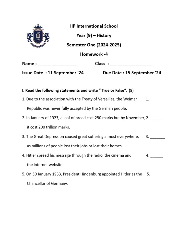 Year 9 History Homework | PDF | History