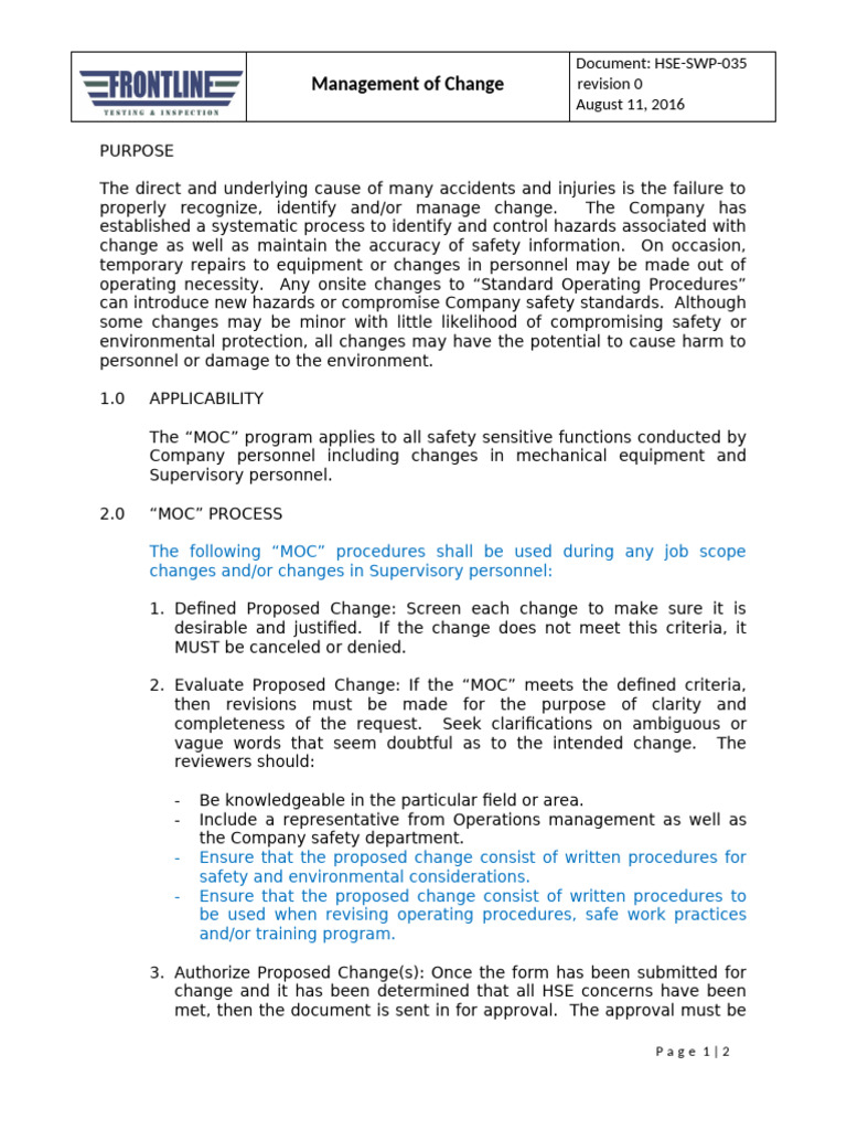 HSE SWP 035 Management of Change | PDF | Safety