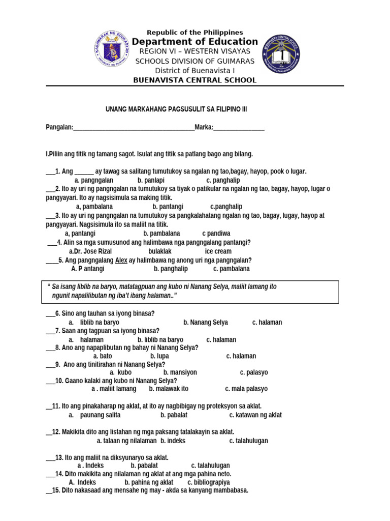 Periodical Test in Filipino. 3. New. | PDF