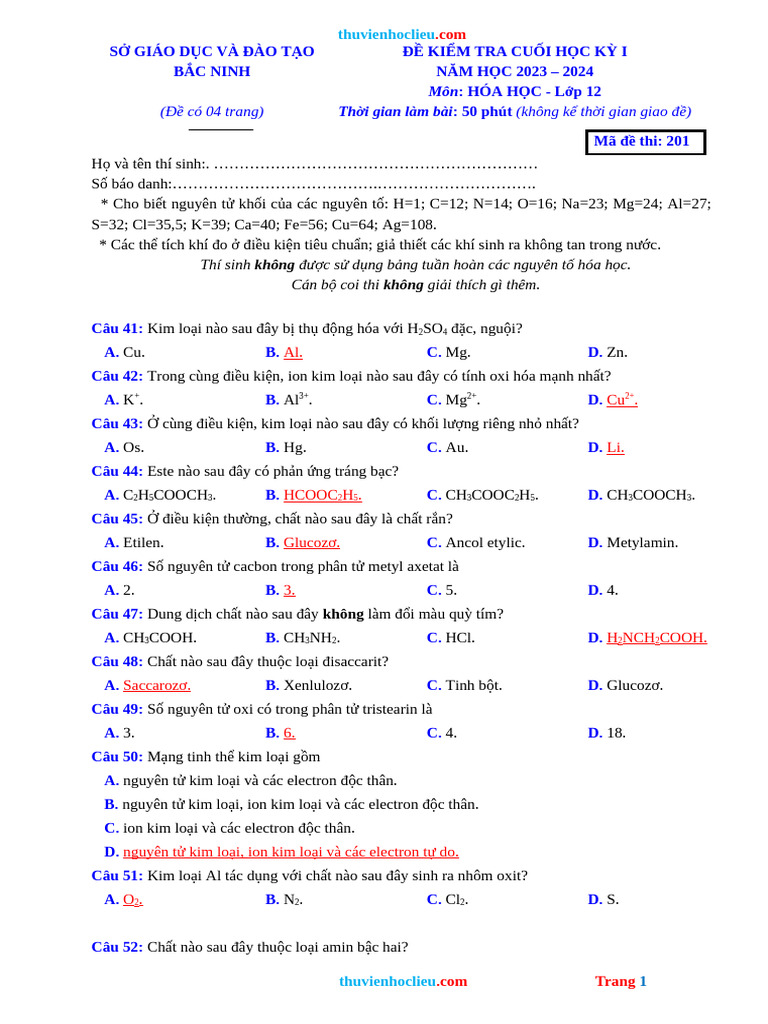 De Thi HK1 Hoa 12 So GD Bac Ninh 23 24 | PDF