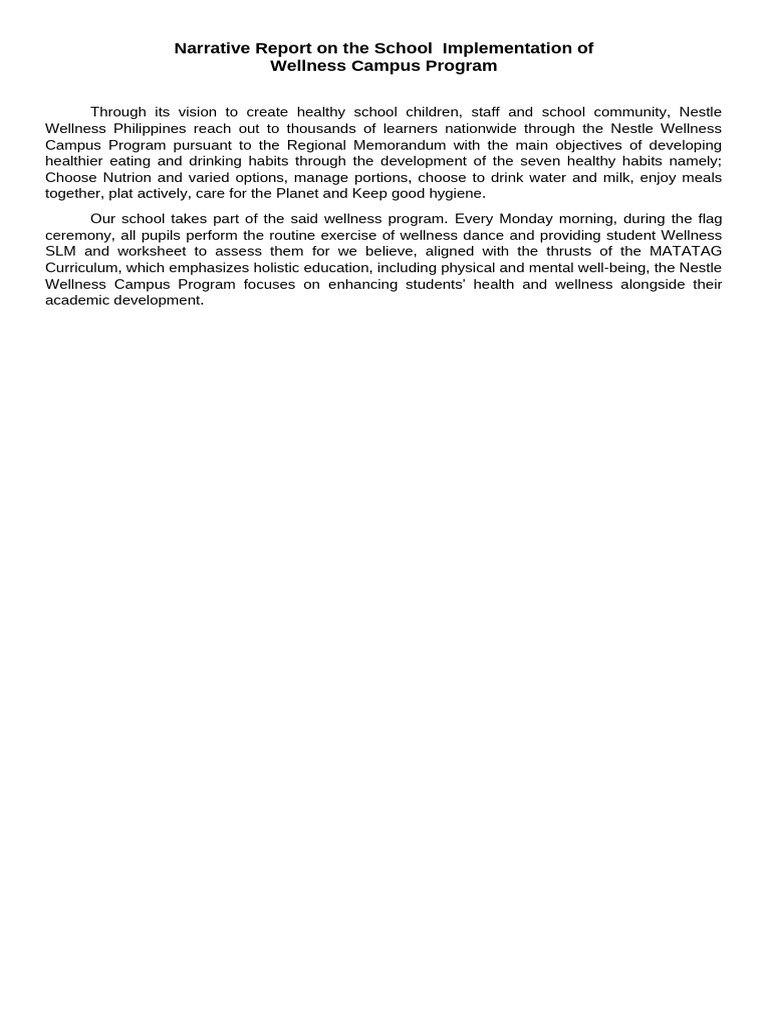 Narrative Report On The School Wellness Program | PDF | Self-Improvement | Lifestyle