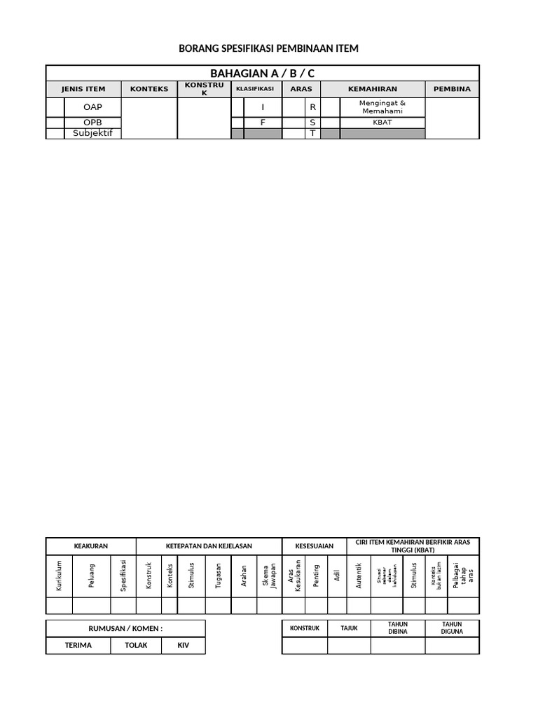 3 - Borang Spesifikasi Pembinaan Item (Abc) - RBT | PDF