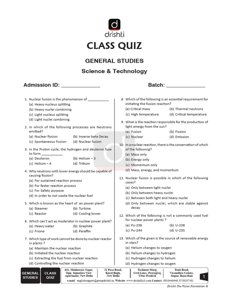 S&T Quiz-11 (Nuclear Technology) | PDF | Nuclear Physics | Nuclear Fusion