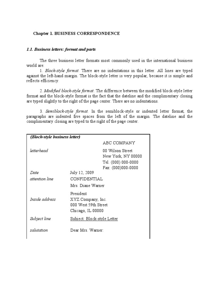 Chapter 1. Business Correspondence: 1.1. Business Letters: Format and ...