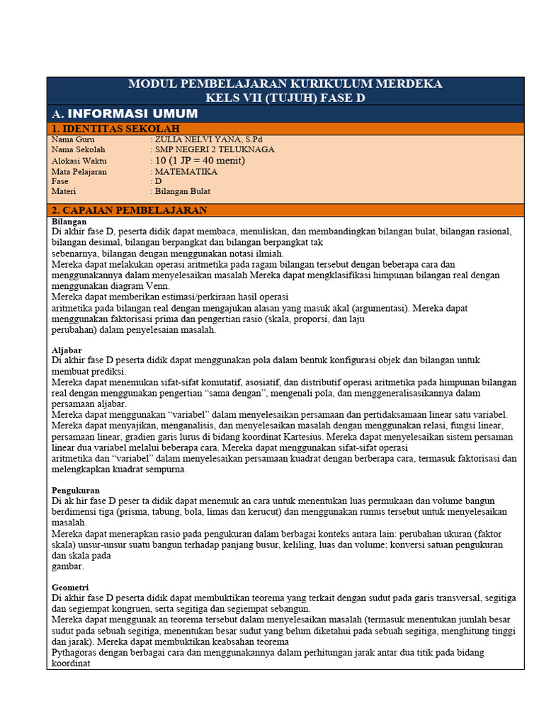 Modul Ajar MTK - 7 2024-2025 | PDF