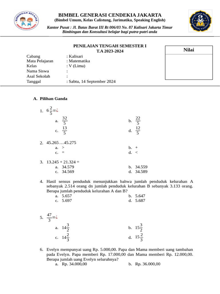 Soal PTS MTK Kelas 5 Salshabila Ms Muti | PDF