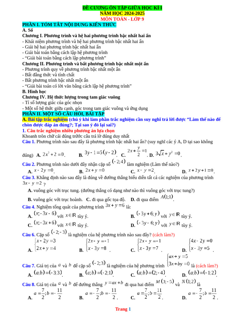 De Cuong On Tap Giua HK1 Toan 9 KNTT | PDF