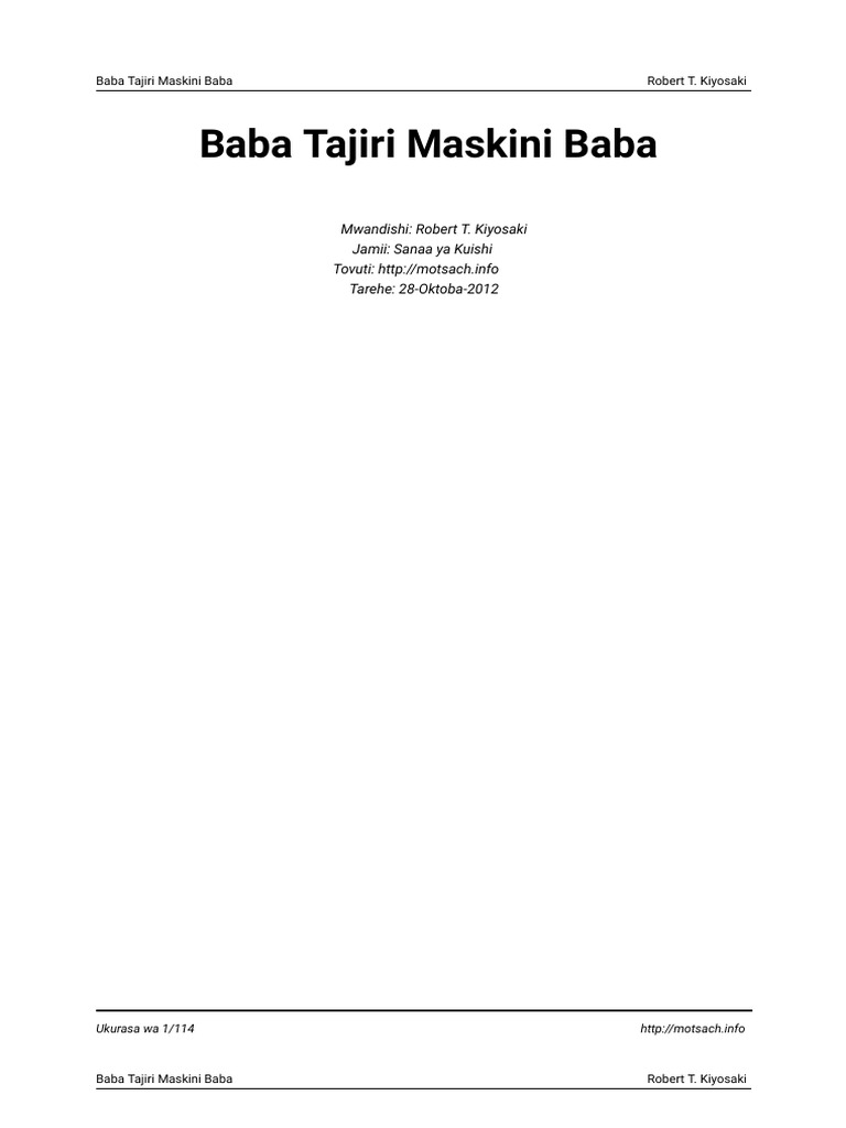 Baba Tajiri Baba Masikini by Robert Kiyosaki (Kisinza Bookshelf) - 1 | PDF
