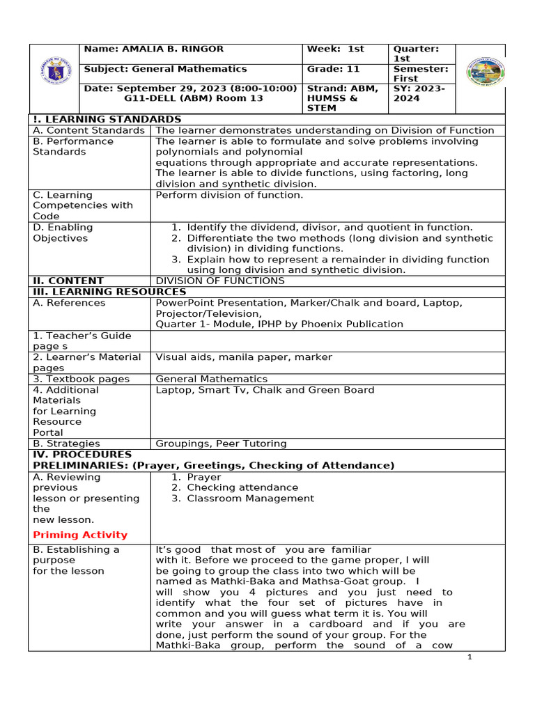 Division of Functions Lesson Plan | PDF | Division (Mathematics) | Learning