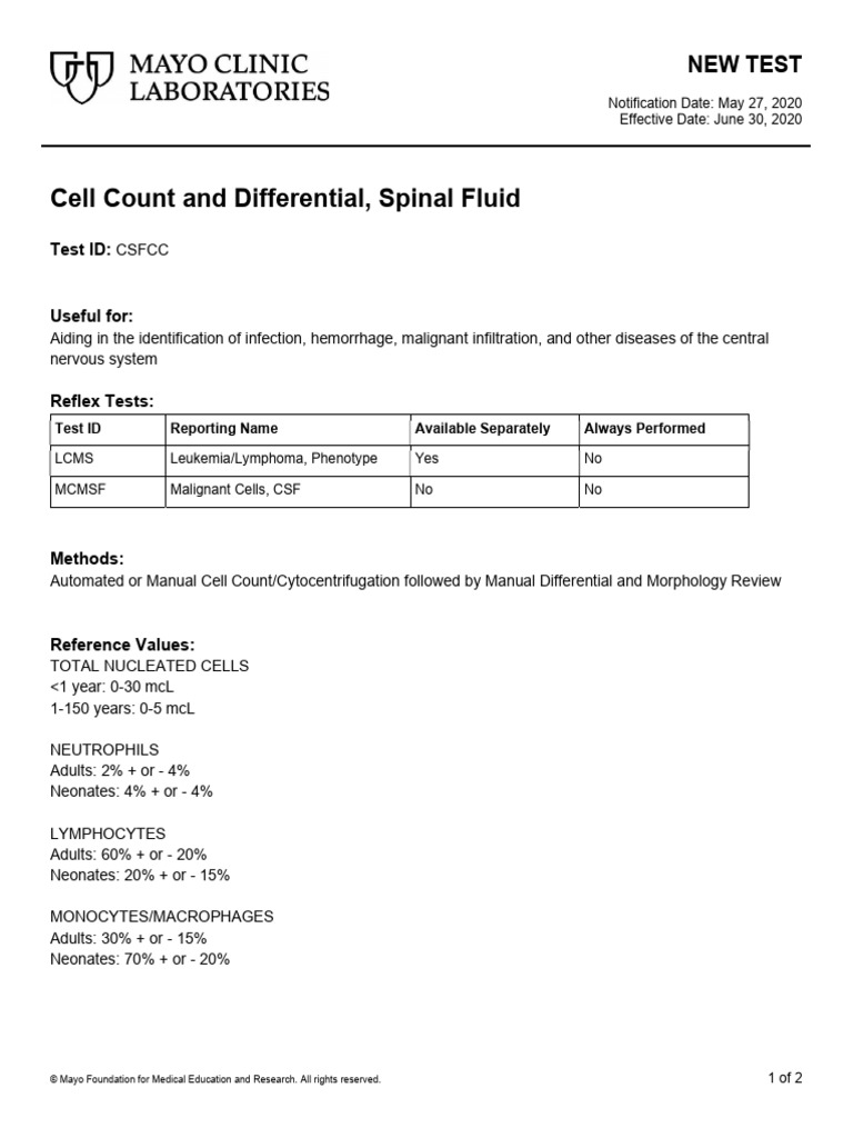 Spinal Fluid Cell Count Test Guide | PDF