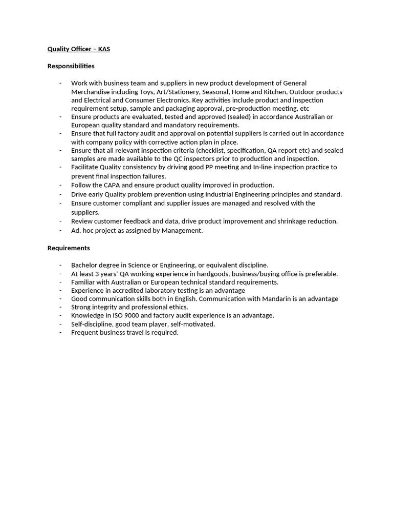 Quality Officer JD For Vietnam | PDF | Technology & Engineering