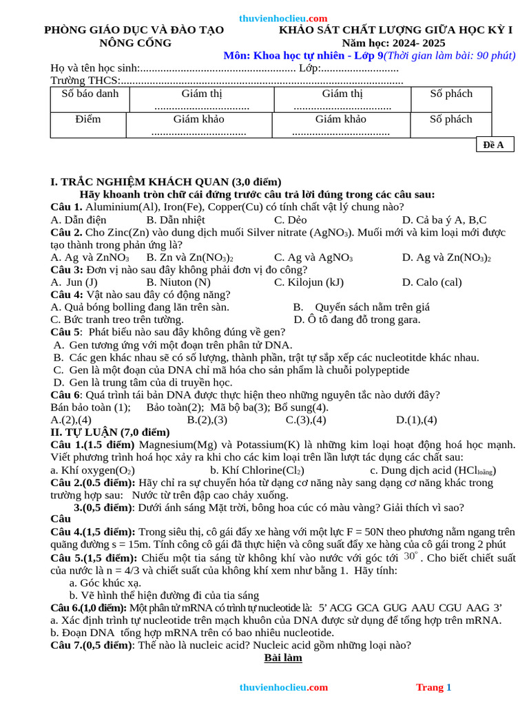 De Kiem Tra Giua HK1 KHNT 9 Phong GD NONG CONG 24 25 | PDF
