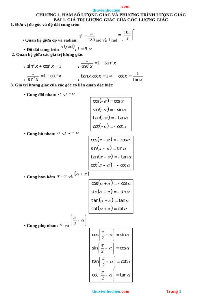 Bang Tom Tat Chuong Luong Giac 11 Theo Tung Bai Hoc | PDF