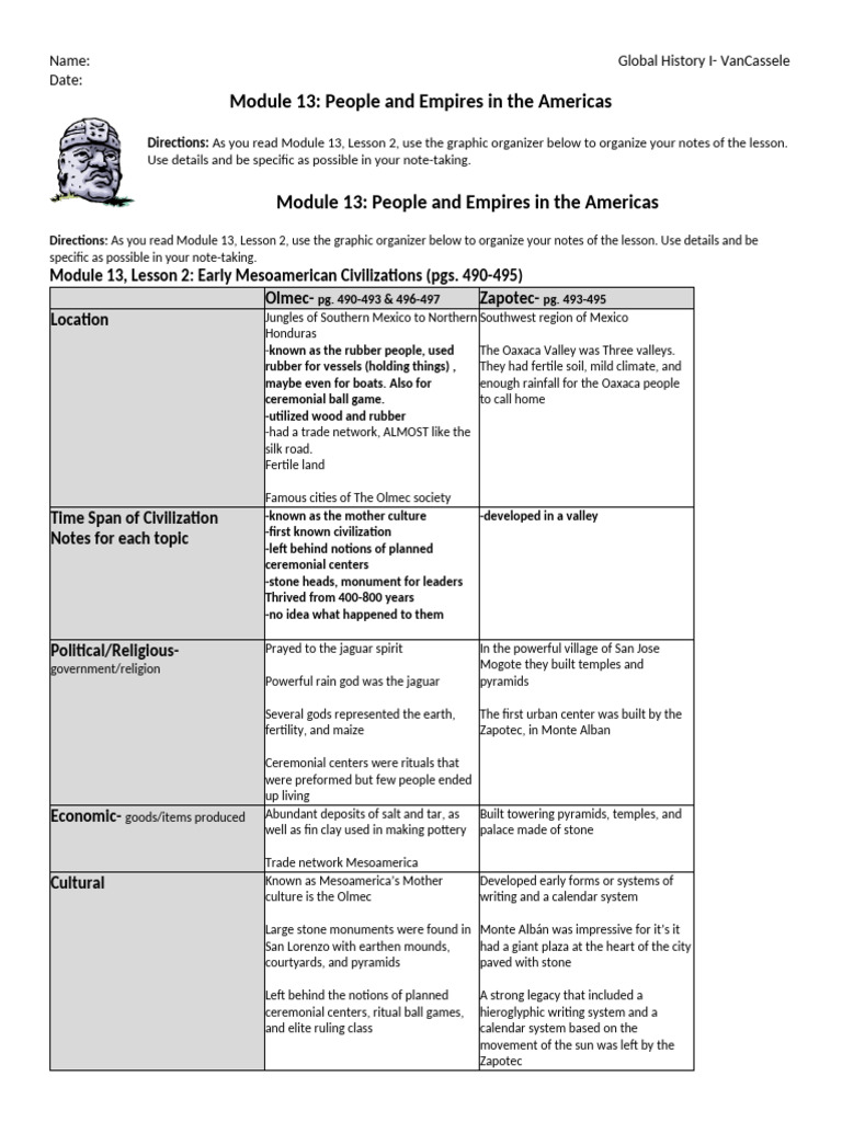 Module 13, Lesson 2 and 3 Graphic Organizer (Scaffolded 2022) | PDF | Mesoamerica | Pre ...