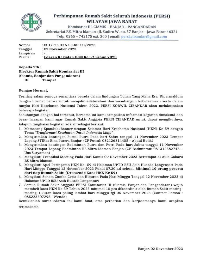 Surat PERSI - Dalam Rangka HARKESNAS Surat Edaran | PDF