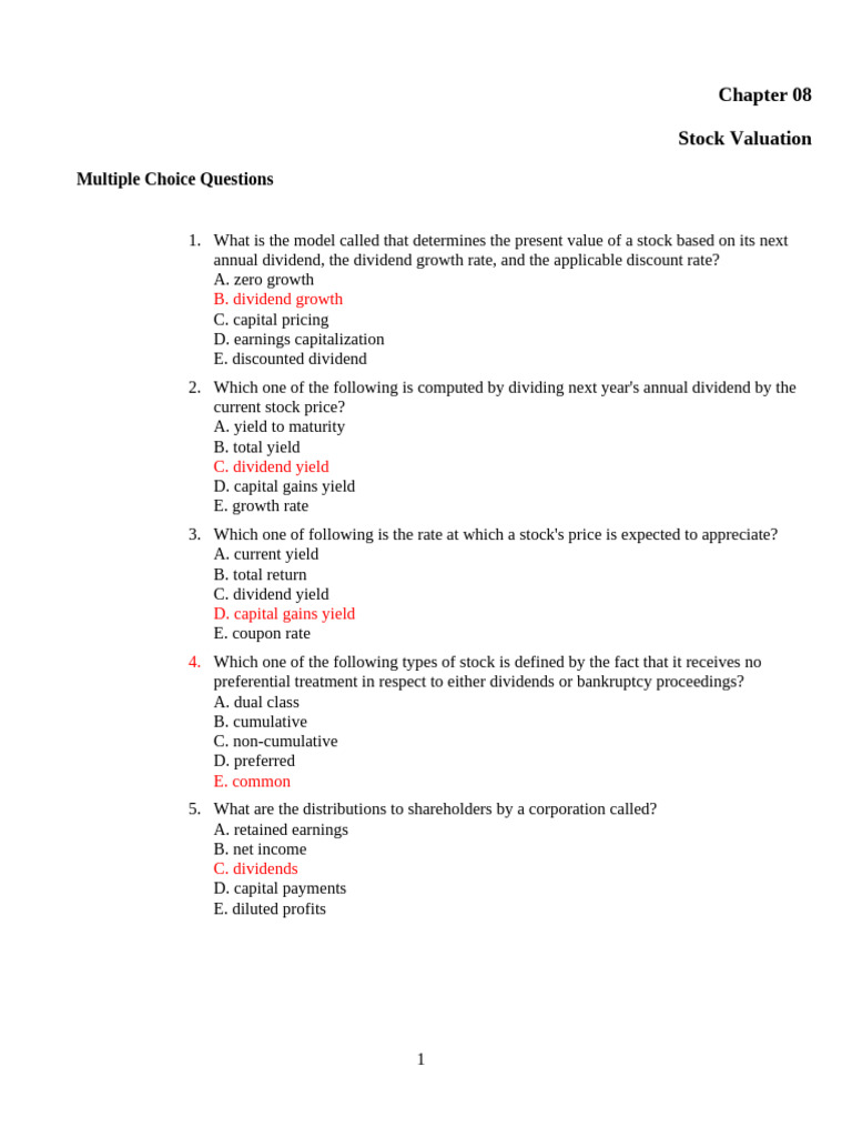 Chapter 8 Multiple Choice Question | PDF | Dividend | Stocks