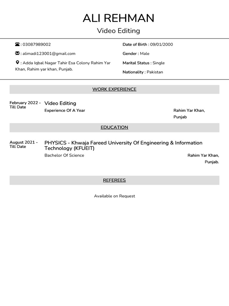 Ali Rehman Ali Rehman: Video Editing | PDF