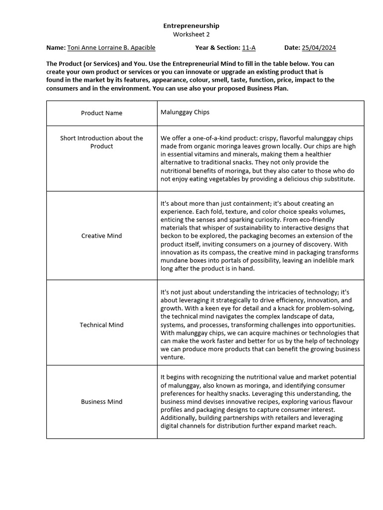 Malunggay Chips Business Plan Worksheet | PDF | Entrepreneurship