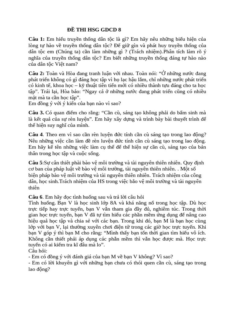 ĐỀ THI HSG GDCD 8, Văn 7 - Lần 3 | PDF