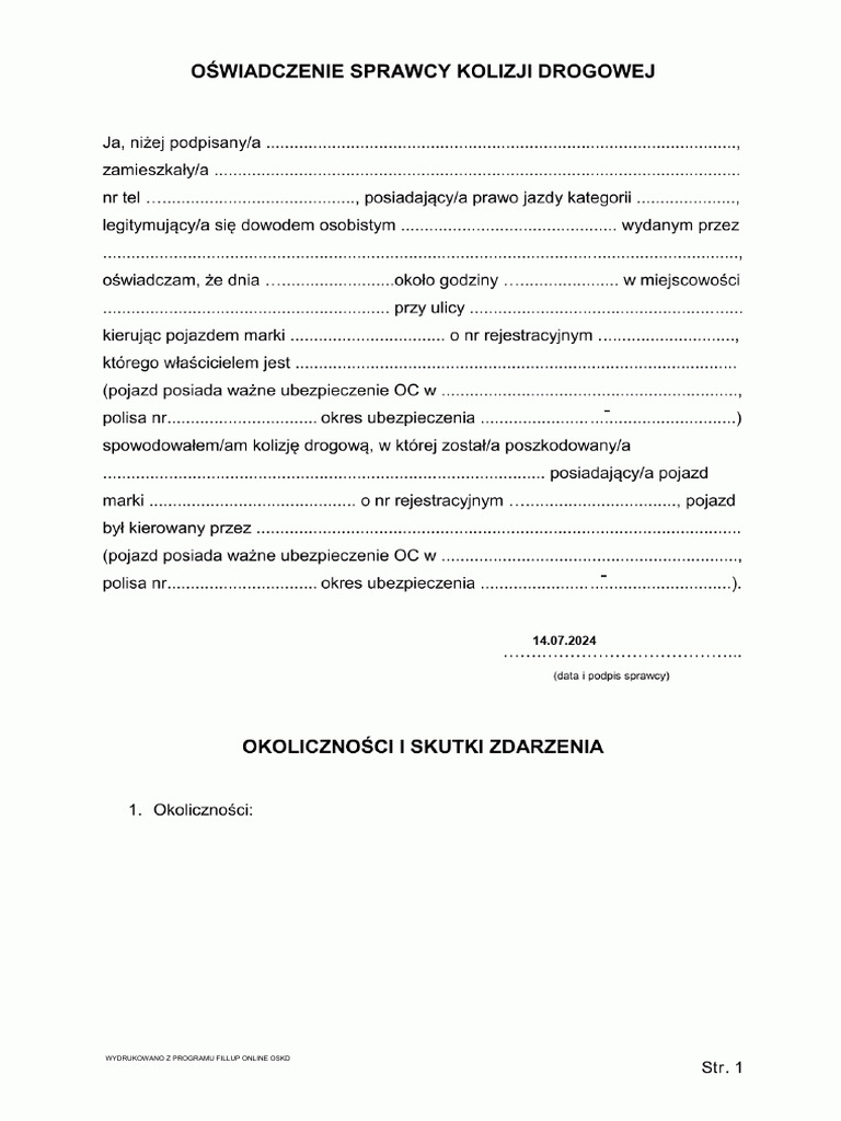 Oskd Oswiadczenie Sprawcy Kolizji Drogowej201065 | PDF