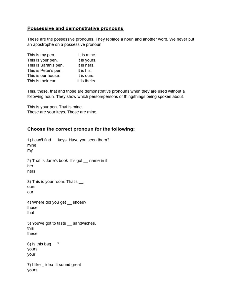 Possessive and Demonstrative Pronouns | PDF | Language Arts ...