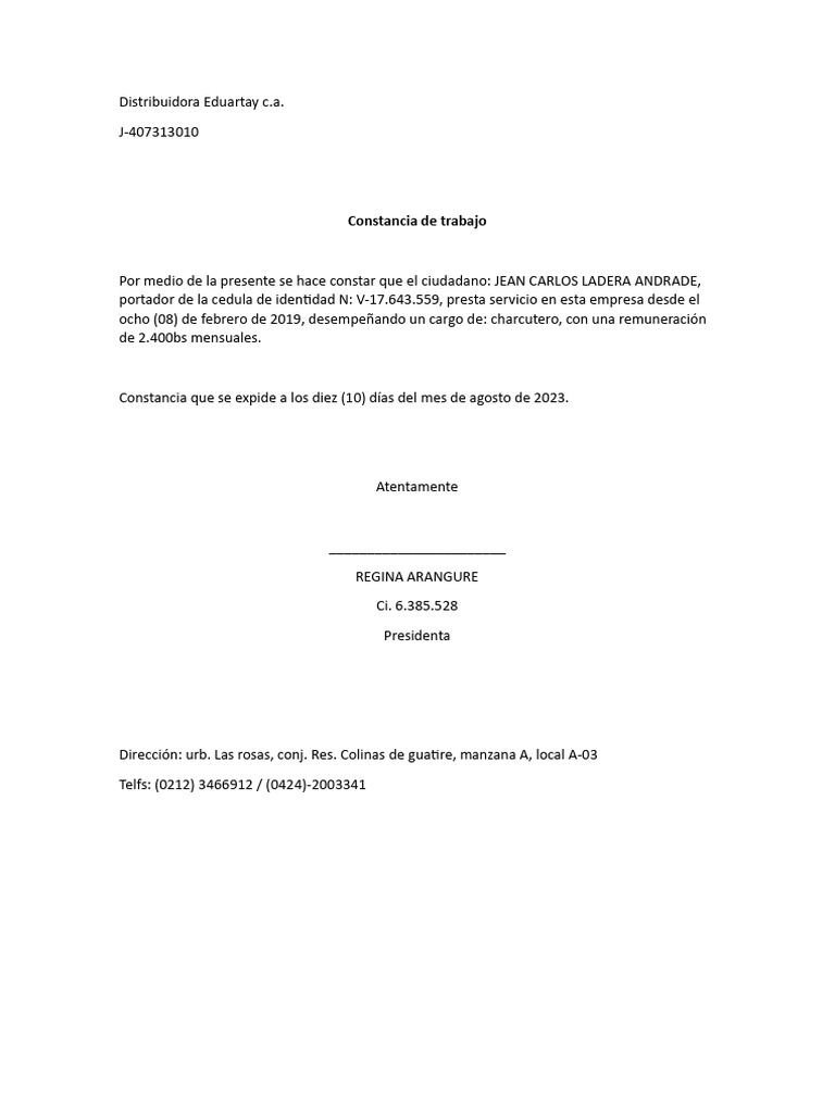 Constancia de Trabajo de Jean Carlos Ladera | PDF