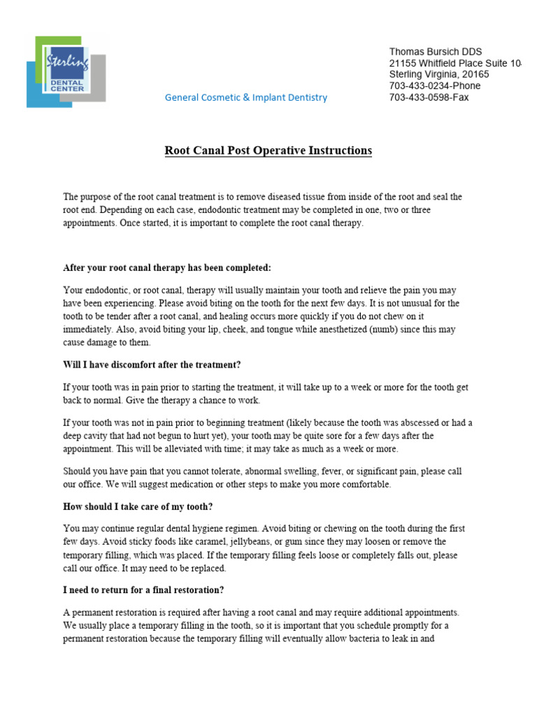 Root Canal Post Operative Instructions | PDF | Dentistry | Medical ...