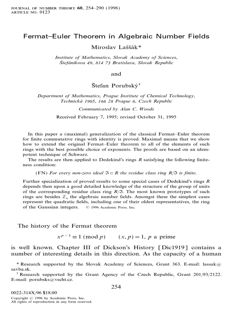 Fermat Euler Theorem in Algebraic Number Fields | PDF | Ring (Mathematics) | Group (Mathematics)