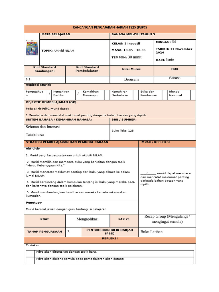 Rancangan Pengajaran Aktiviti NILAM | PDF