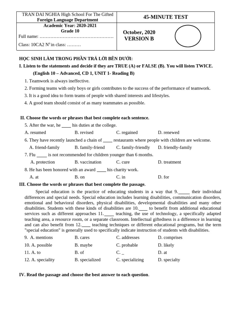 10th Grade English Test - Listening & Grammar | PDF | Dyslexia ...