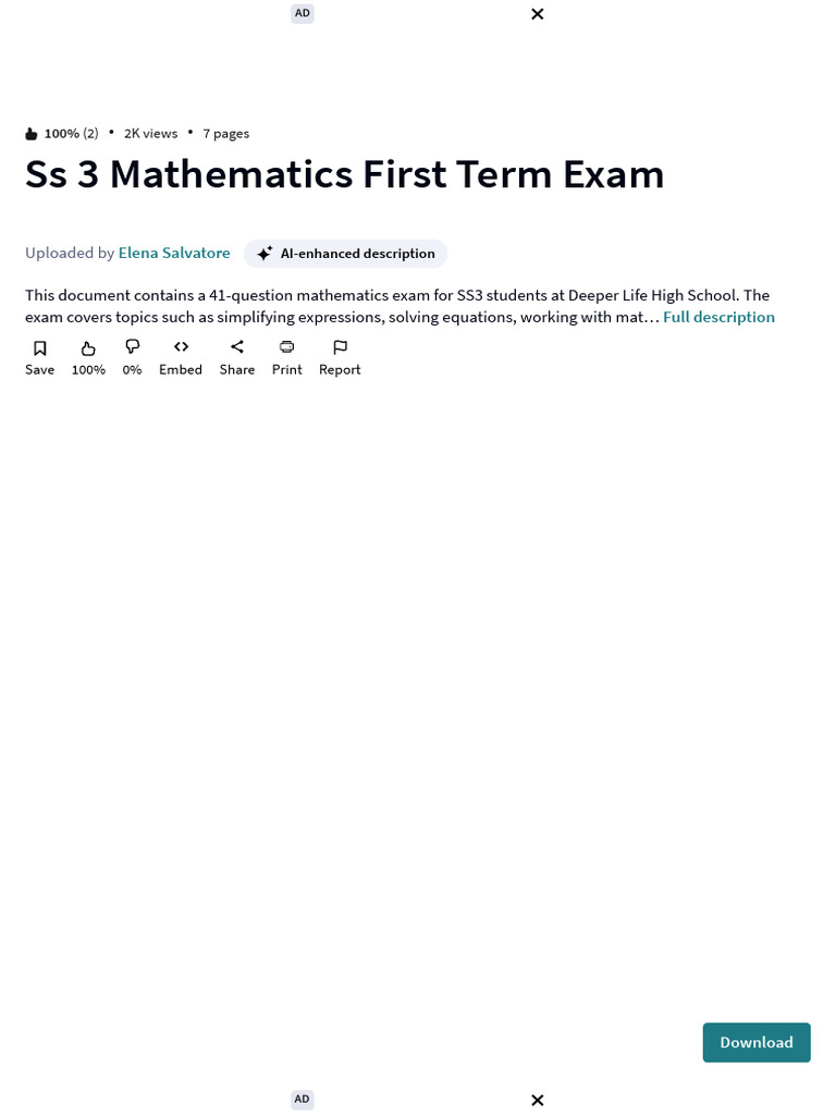 Ss 3 Mathematics First Term Exam: Elena Salvatore | PDF | Scribd