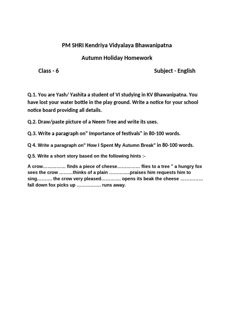 Autumn Homework for Classes 6, 7, 10 | PDF