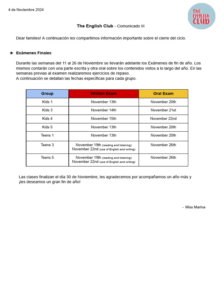 The English Club - Comunicado III | PDF