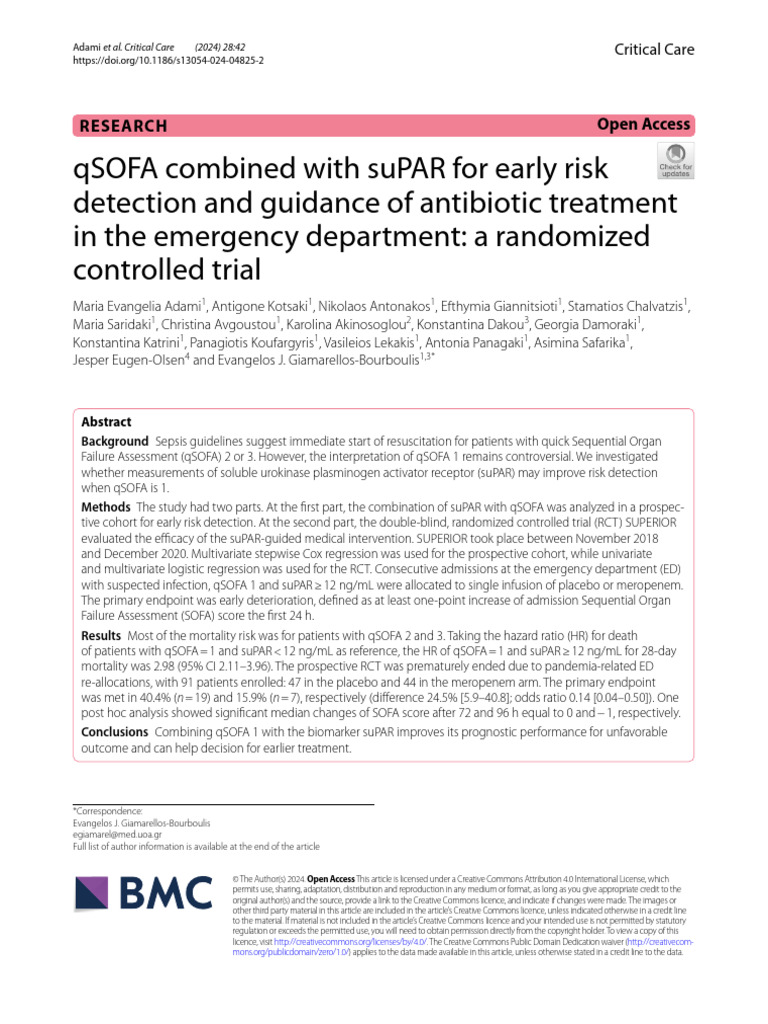 Adami SuPAR Et Sepsis CriticalCare 2024 | PDF | Randomized Controlled ...