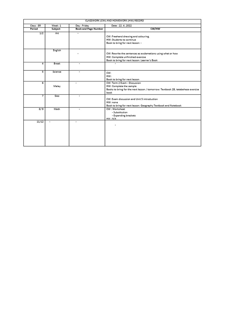 Homework Diary 8R 22APR FRIDAY | PDF
