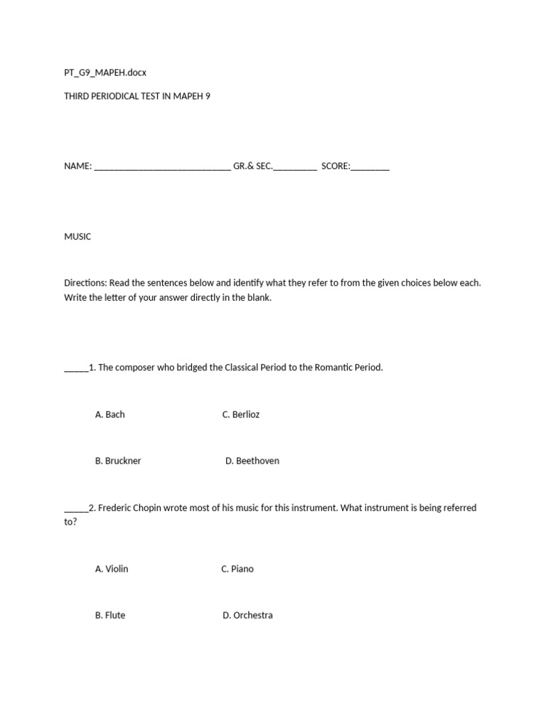 PT g9 Mapeh - Doc-Wps Office | PDF | Romantic Music | Classical Period (Music)