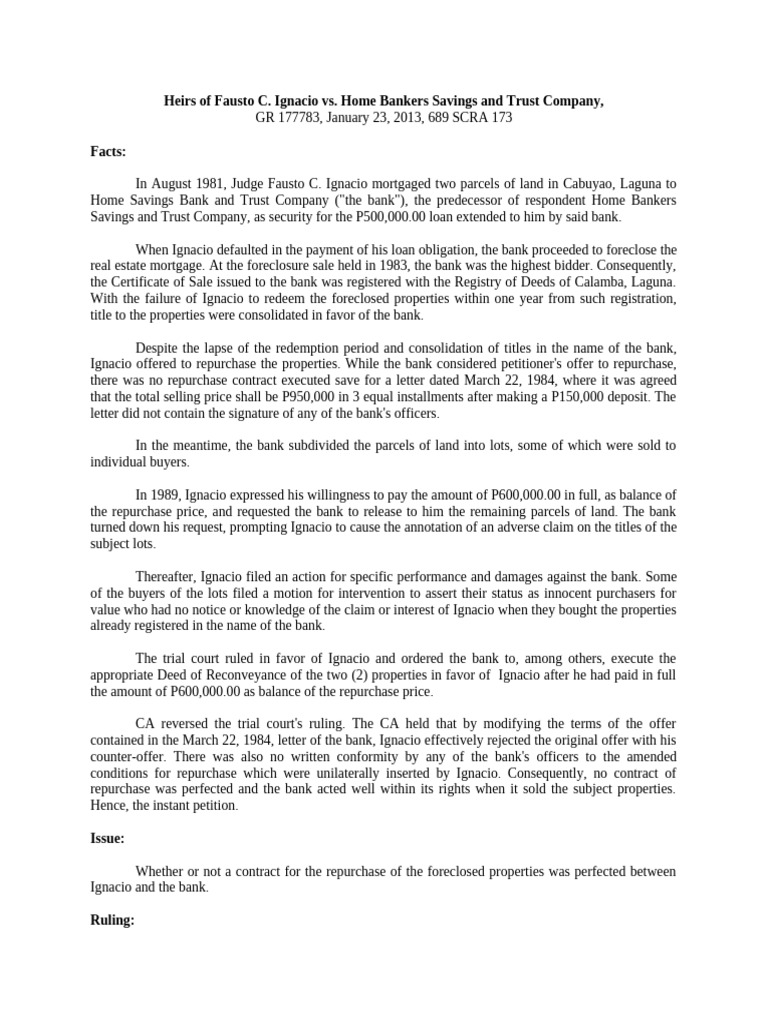 Heirs of Fausto C. Ignacio vs. Home Bankers Savings | PDF | Foreclosure ...