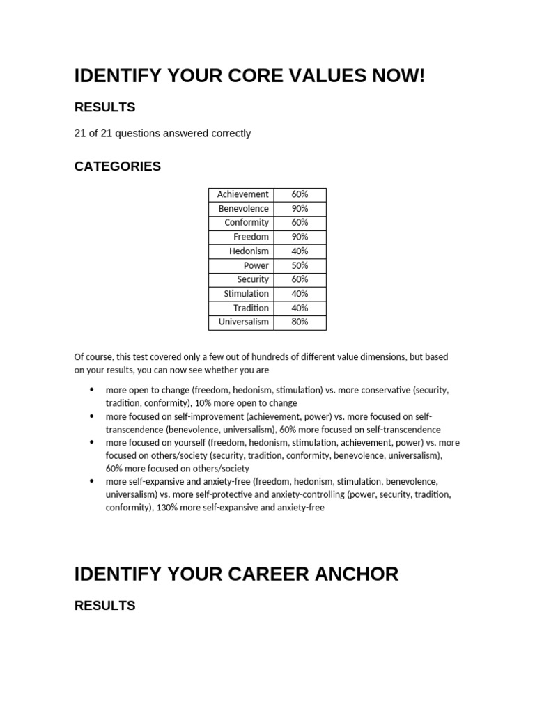 Core Values and Career Anchor Assessment | PDF