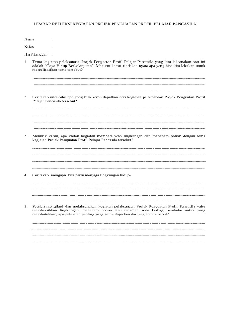 Lembar Refleksi Kegiatan Projek Penguatan Profil Pelajar Pancasila | PDF