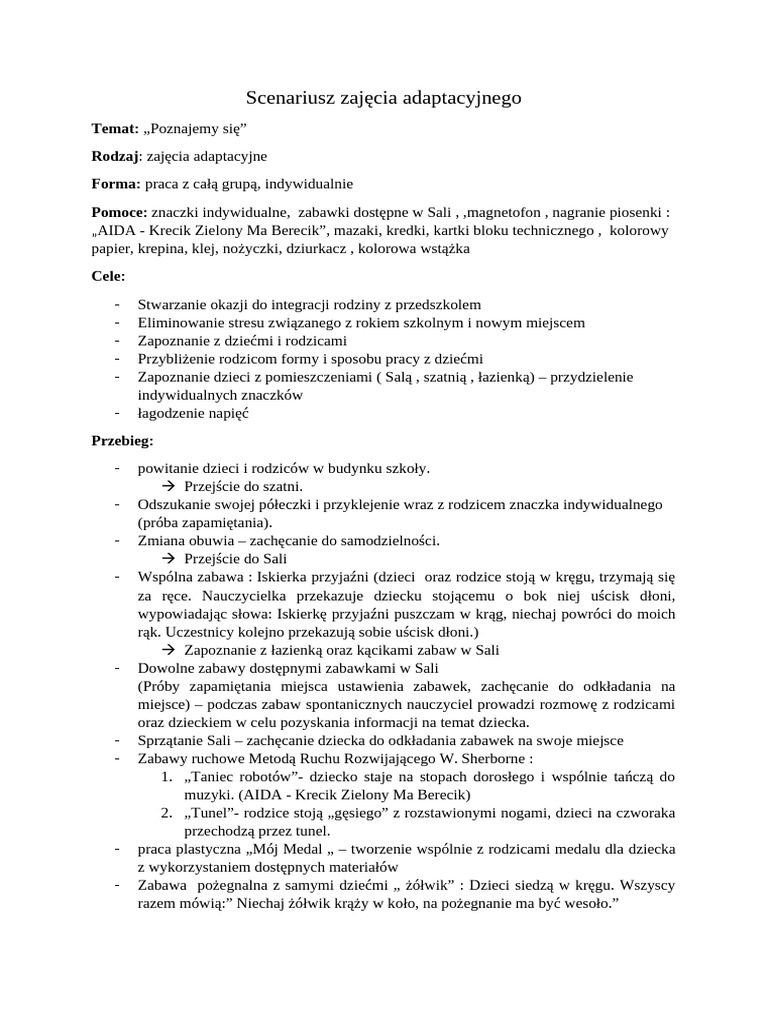 Scenariusz Zajęcia Adaptacyjnego | PDF