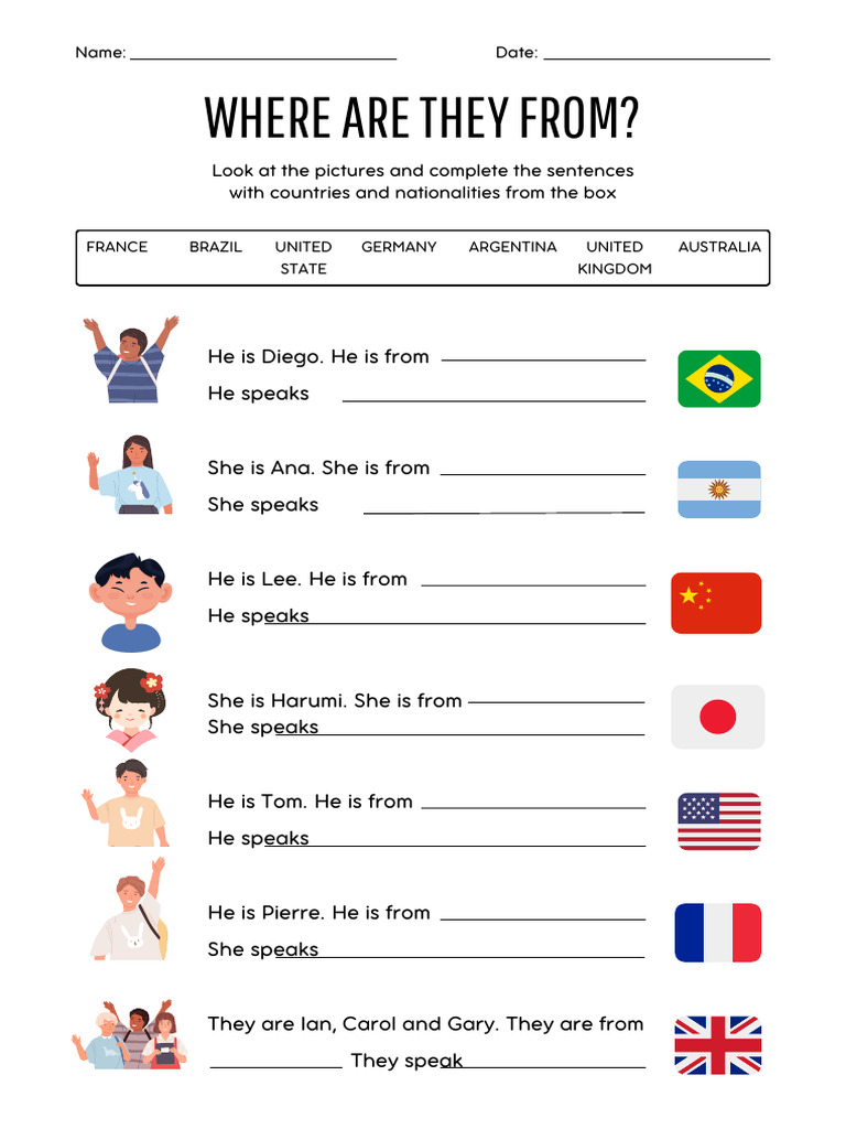 White Colorful Where Are They From Worksheet | PDF | Foreign Language ...