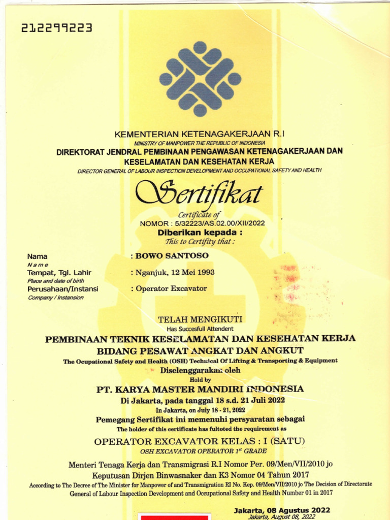 Sertifikat Operator Excavator Kelas 1 | PDF