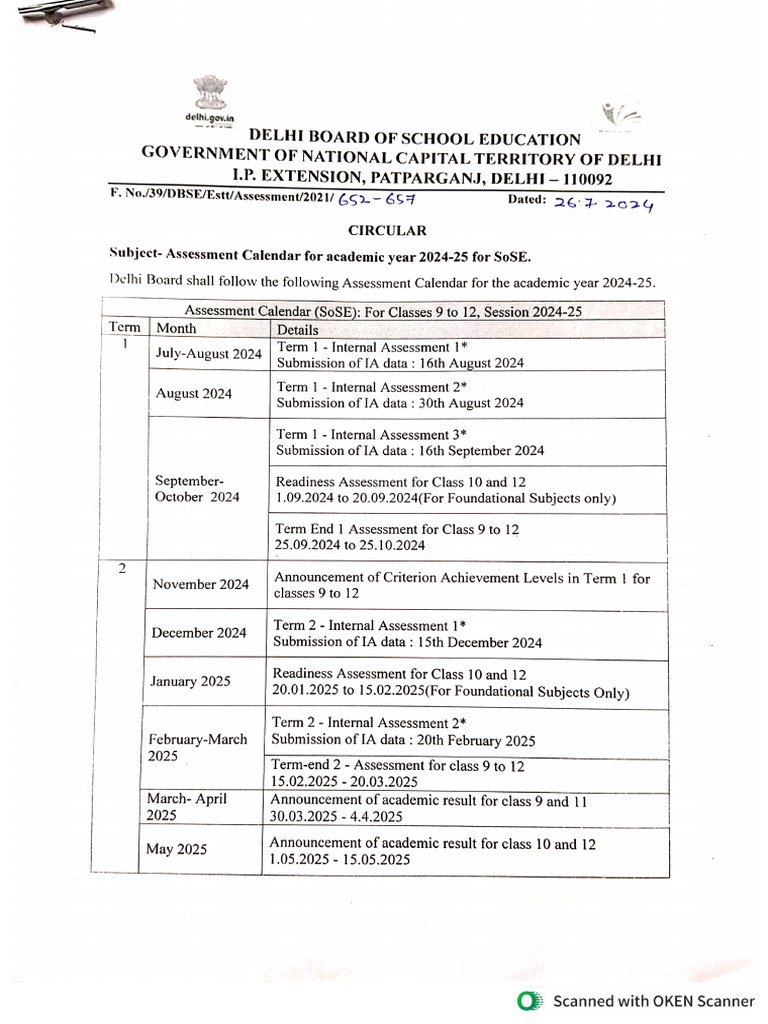 Assessment Calendar For Academic Year 2024-25 SoSE | PDF