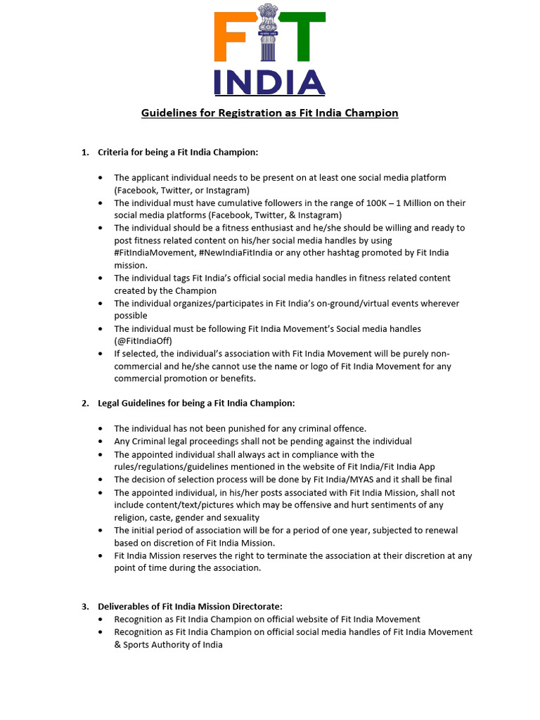 Fit India Champion Registration Guidelines | PDF | Social Media ...