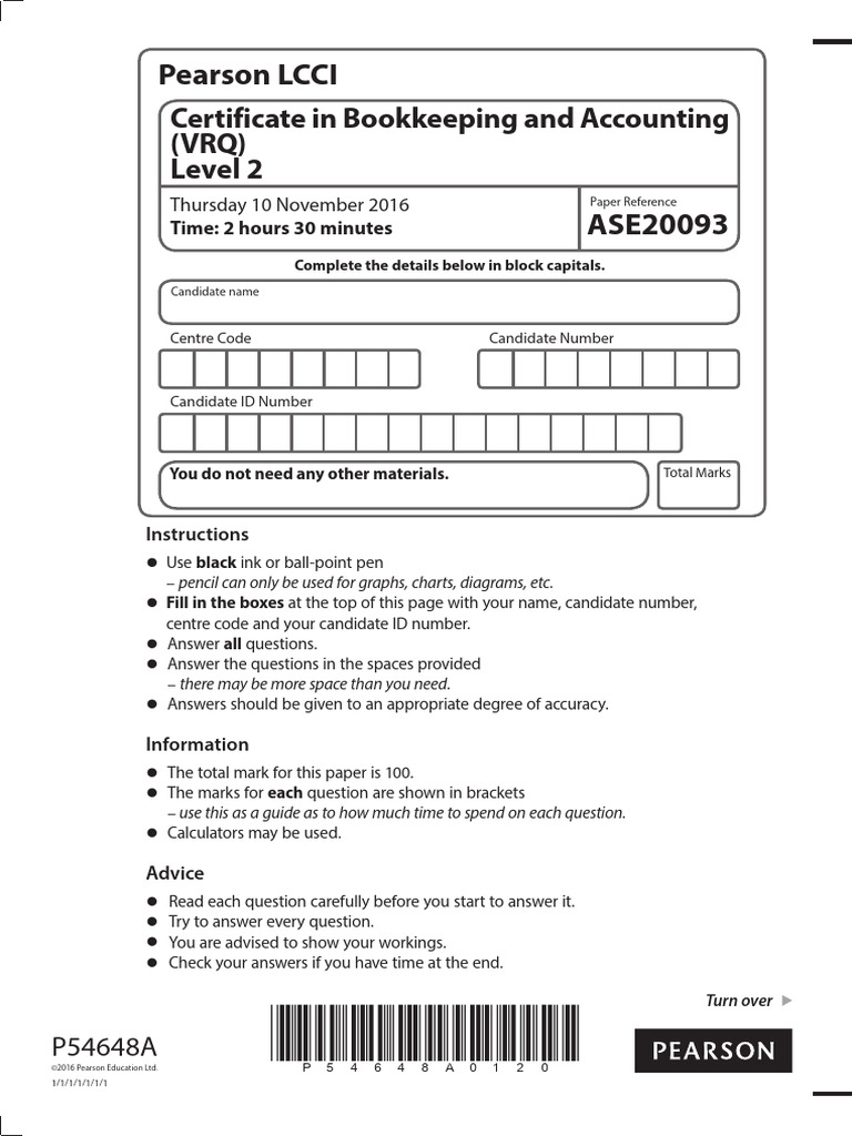LCCI L2 Certificate in Bookkeeping and Accounting ASE 20093 Nov 2016 ...