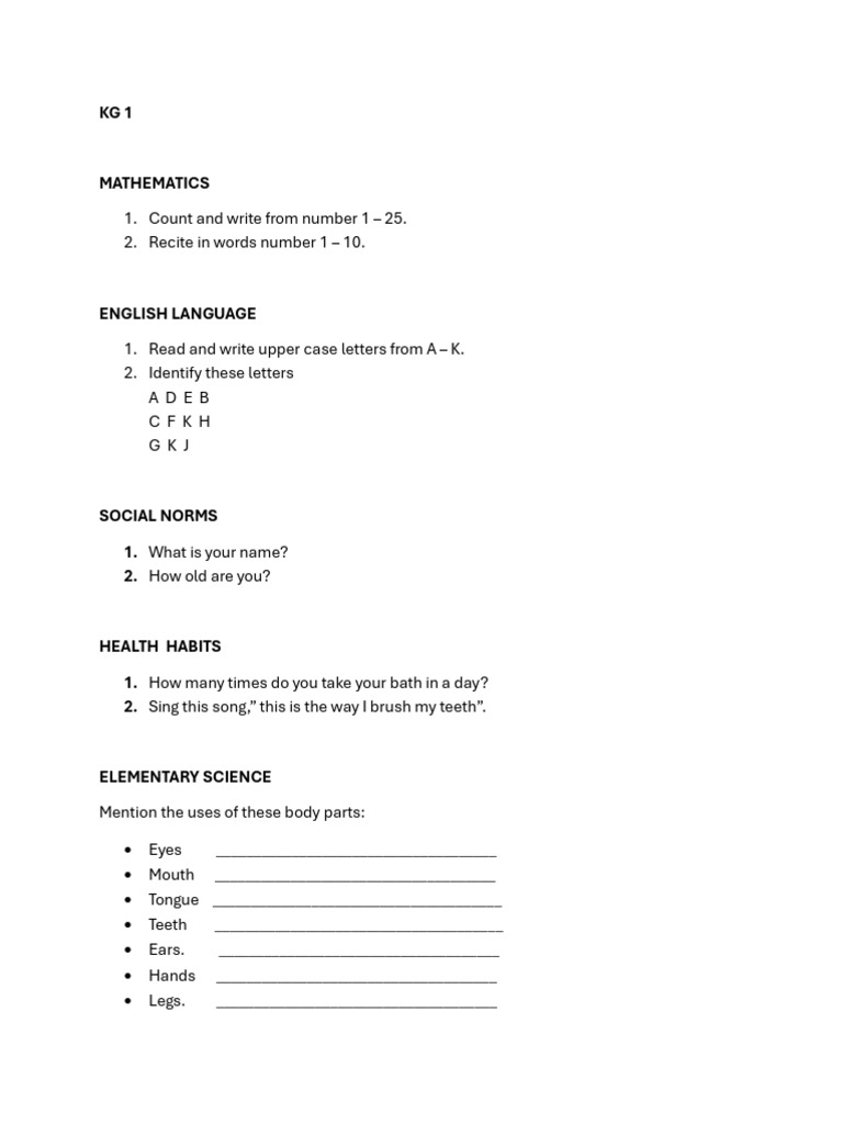 KG 1 Curriculum Overview | PDF