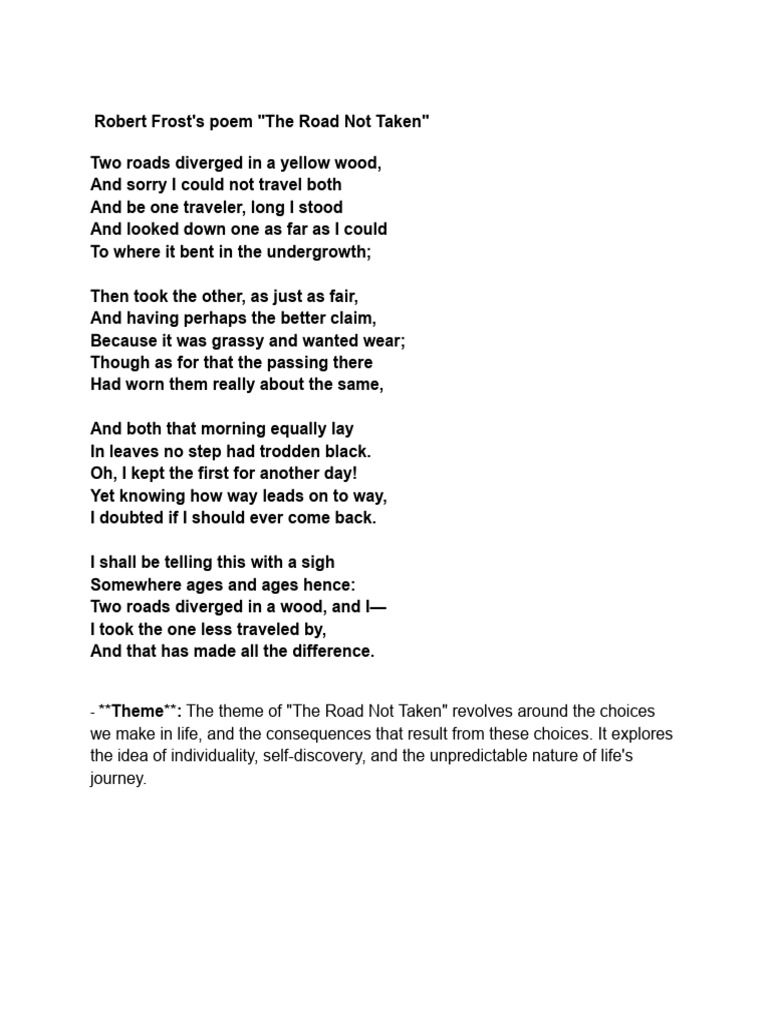 Robert Frost's Poem - The Road Not Taken | PDF | Poetry
