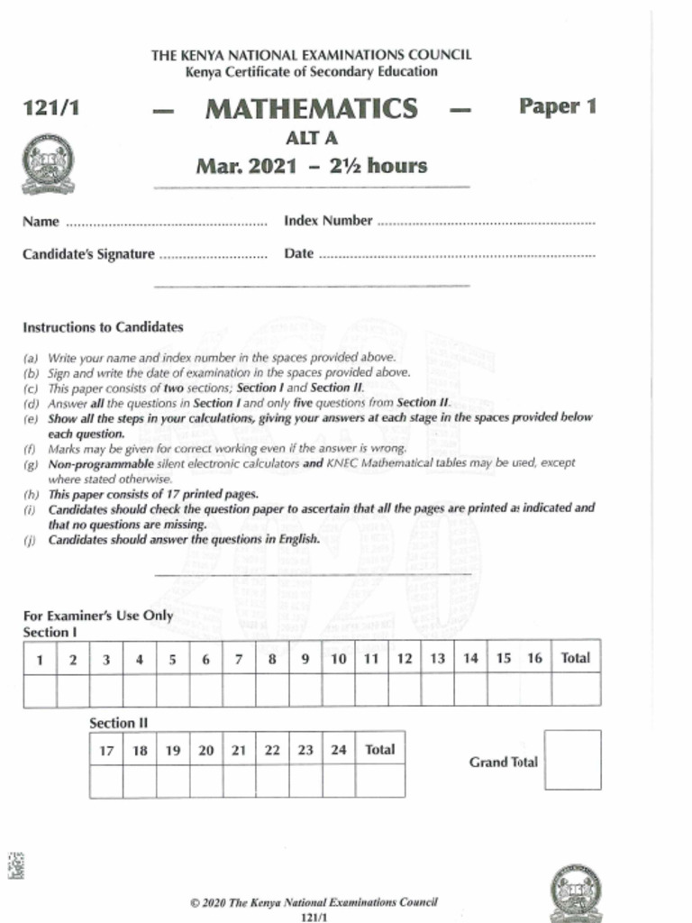 2020 KCSE Mathematics Paper 1 | PDF