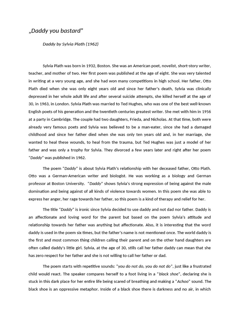 Daddy by Sylvia Plath Essay | PDF | Sylvia Plath