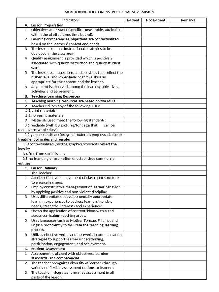 Monitoring-Tool-On-Instructional-Supervision - A4 | PDF | Learning ...